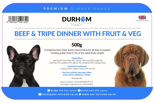 Durham - Beef & Tripe Dinner with Fruit & Veg 500g | Carniraw Ltd